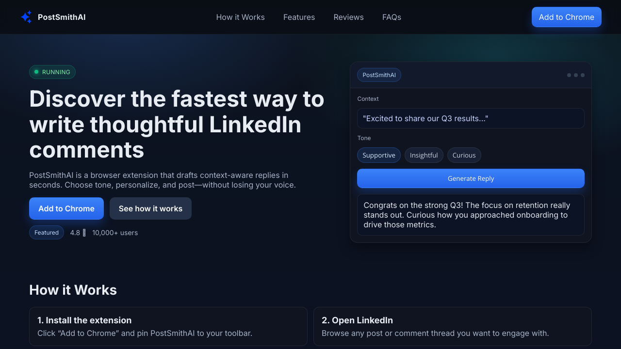 PostSmithAI: Draft Context-Aware LinkedIn Replies | ChatGate