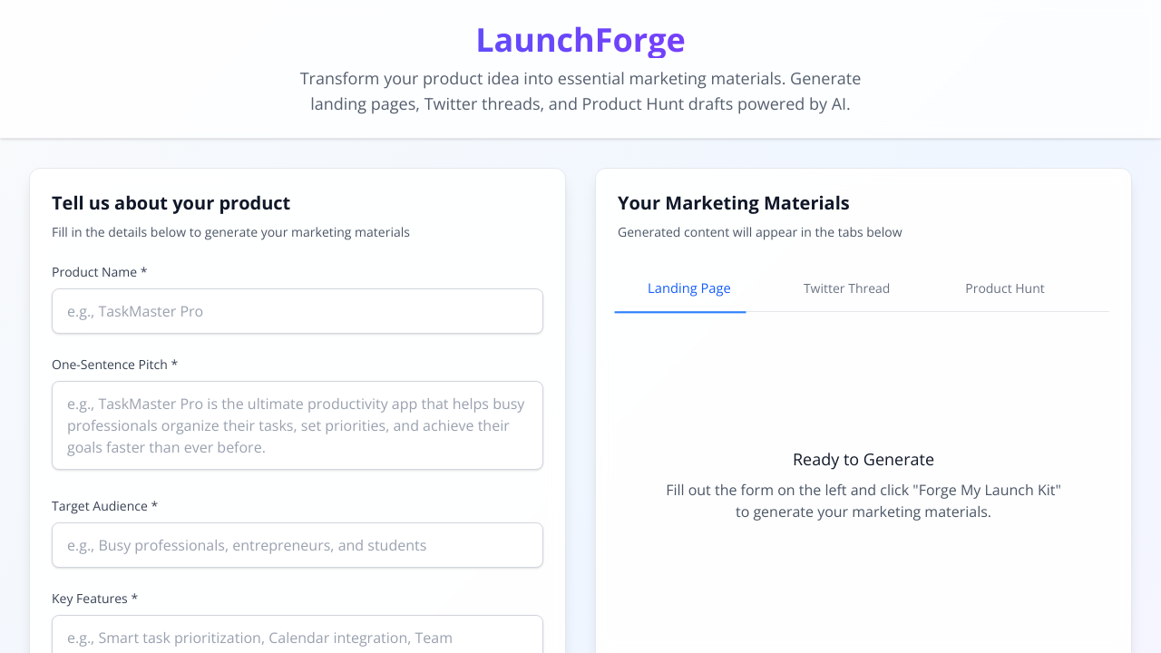 LaunchForge: Generate landing pages and PH drafts | ChatGate